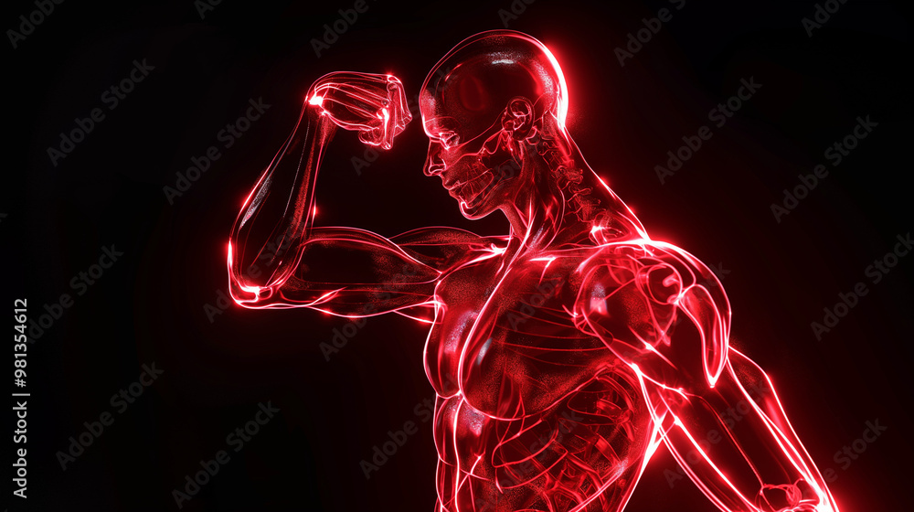 3D render of red glowing transparent human body with visible muscles ...
