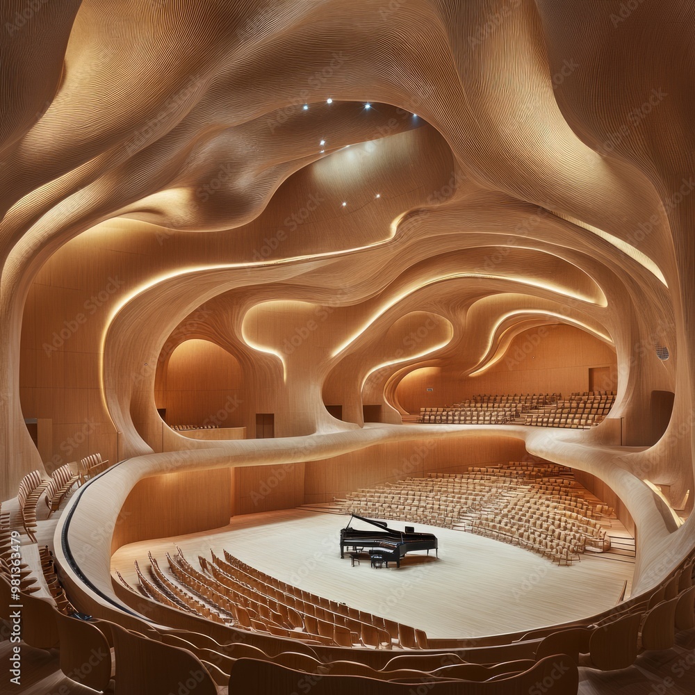 An empty concert hall with wooden seats and a grand piano on stage ...