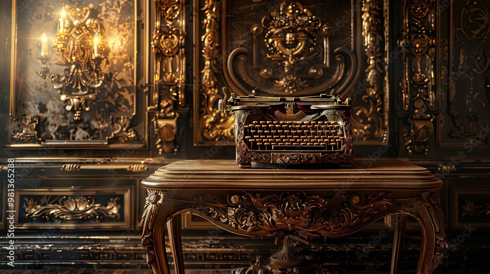 Baroque-style typewriter scene with ornate details and soft golden ...
