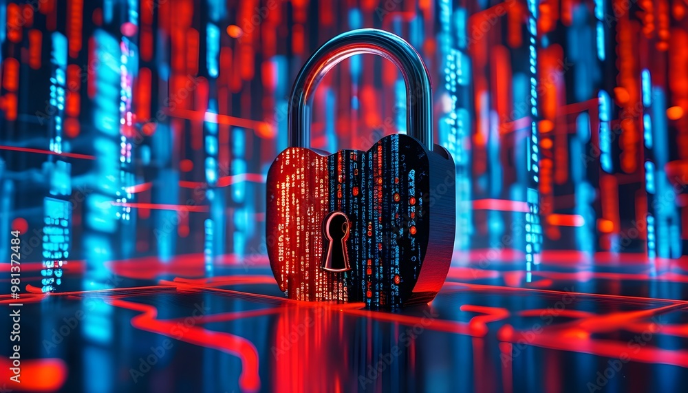 Dynamic visualization of digital encryption featuring a padlock amidst a vibrant matrix of red ...