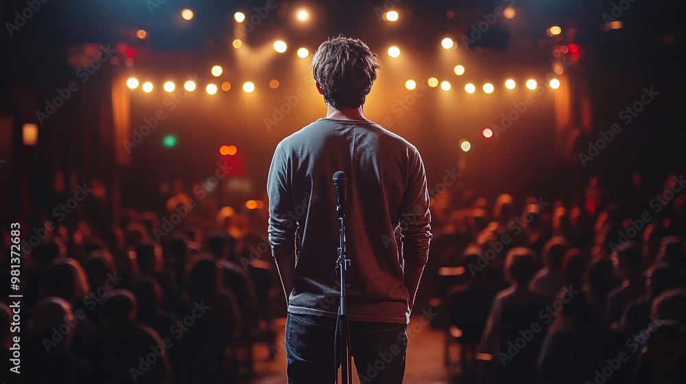 young caucasian male stand-up performer on stage at a small comedy ...
