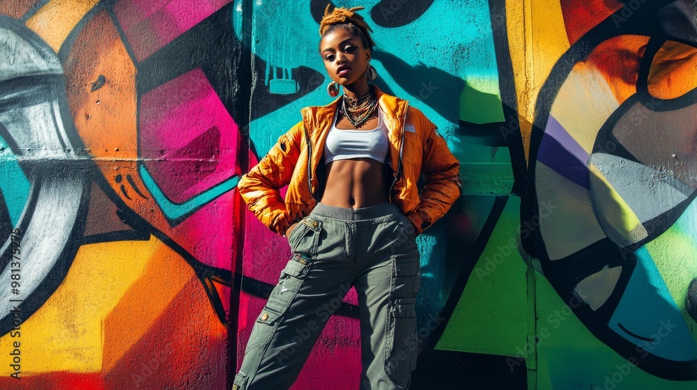 The model stands confidently, showcasing a stylish streetwear look ...