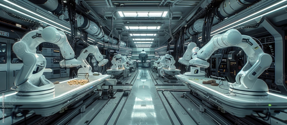 Futuristic high tech factory interior with advanced robotic assembly ...