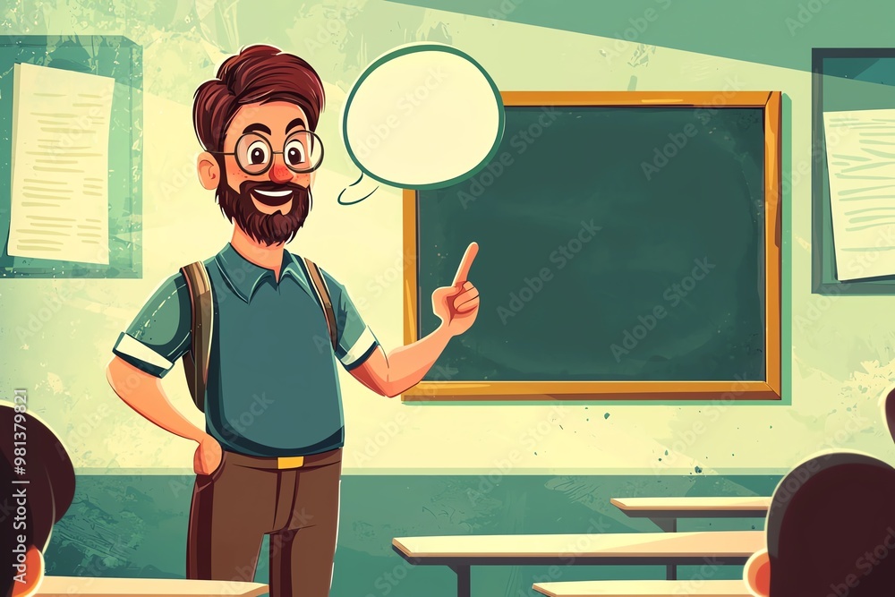 Teacher Smiling Next to Chalkboard with Speech Bubble – A Cartoon ...