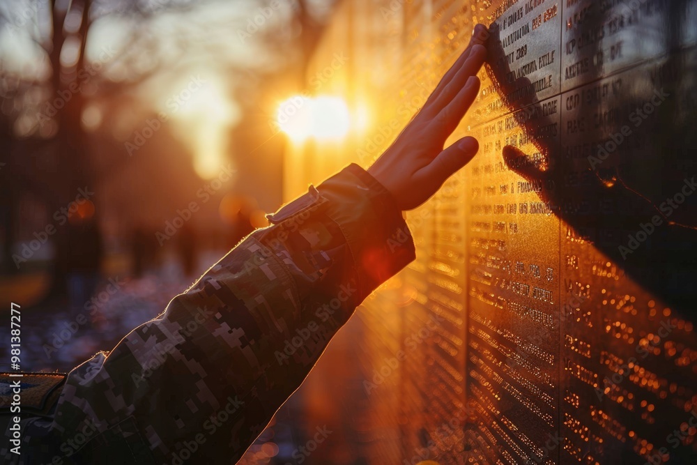 Veteran Saluting Memorial Wall at Sunset During Veterans Day Ceremony ...