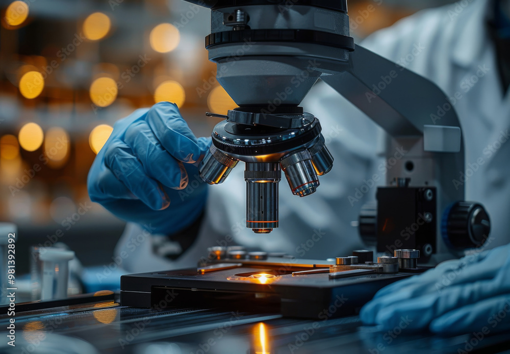 A scientist carefully adjusts a microscope lens in a laboratory ...
