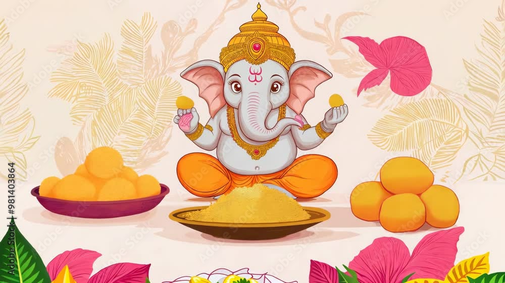 Traditional Hindu illustration of Lord Ganesha with offerings and ...