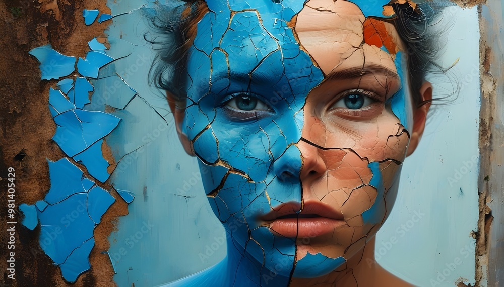 Surreal fusion of human face with cracked blue paint texture ...