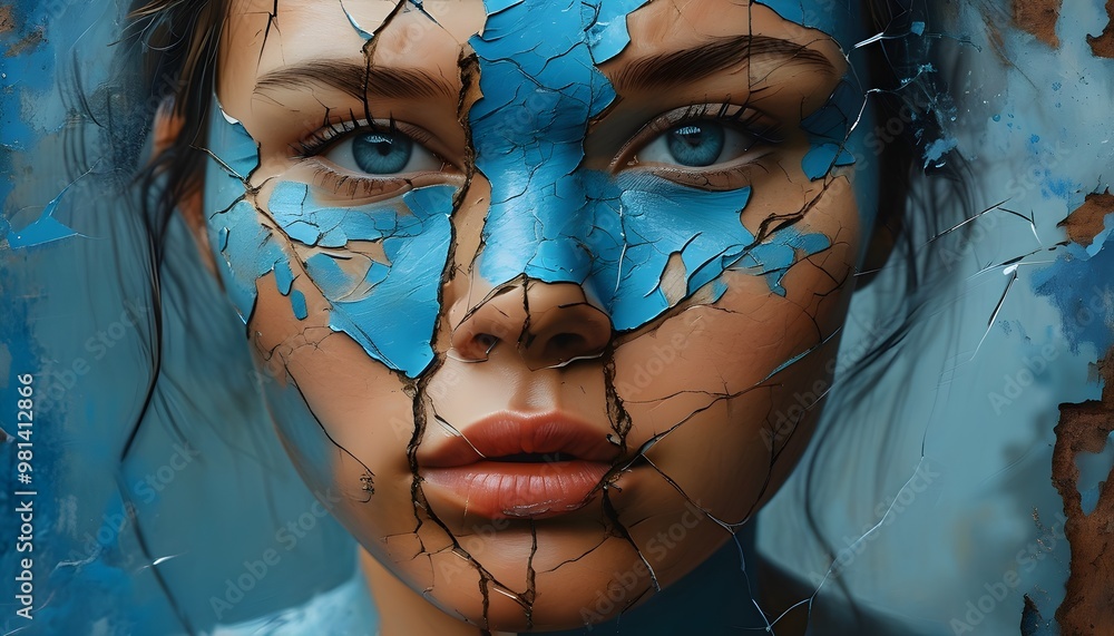 Surreal fusion of human face with cracked blue paint texture ...