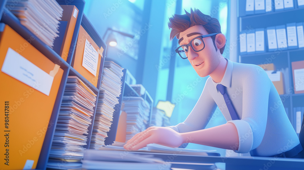 Organizing Files: An animated adult male character with glasses is ...