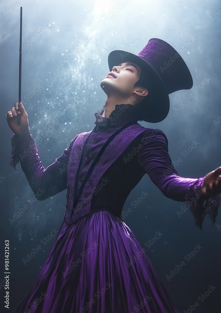 Magician raising his magic wand in a purple suit and top hat Stock ...