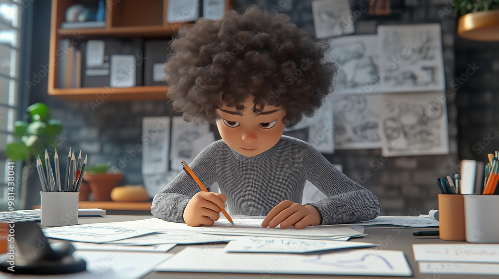 Writing Stories: An imaginative young animated character with curly ...