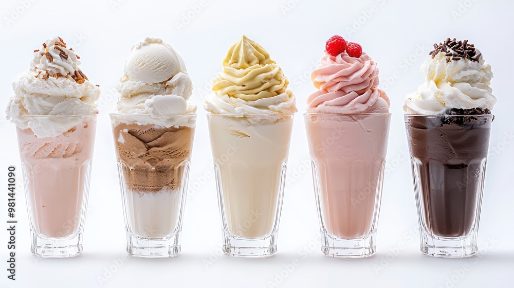 A row of five glasses of different flavored ice cream. The glasses are ...