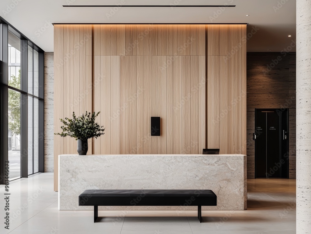 Symmetrical Elegance Modern Lobby Reception Desk in Soft Light, Luxury ...