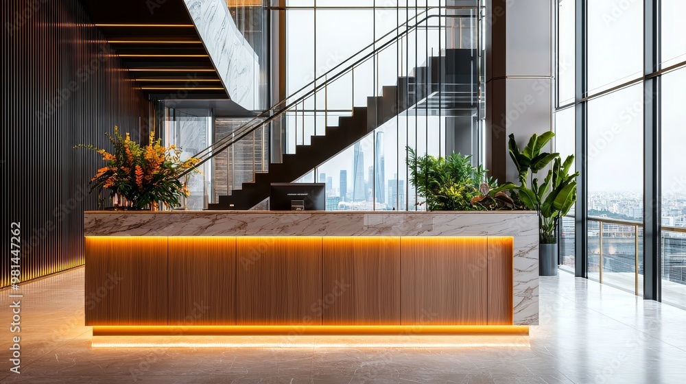 Modern Elegance Luxurious Reception Desk in Urban Hotel Lobby with City ...