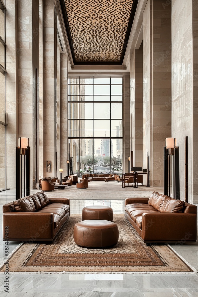 Modern Elegance Luxurious Lobby Interior with City View, Symmetrical ...
