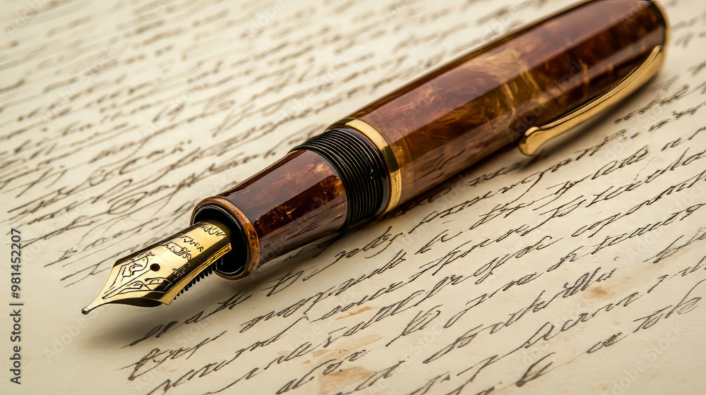An old-fashioned fountain pen rests on a letter written in elegant ...