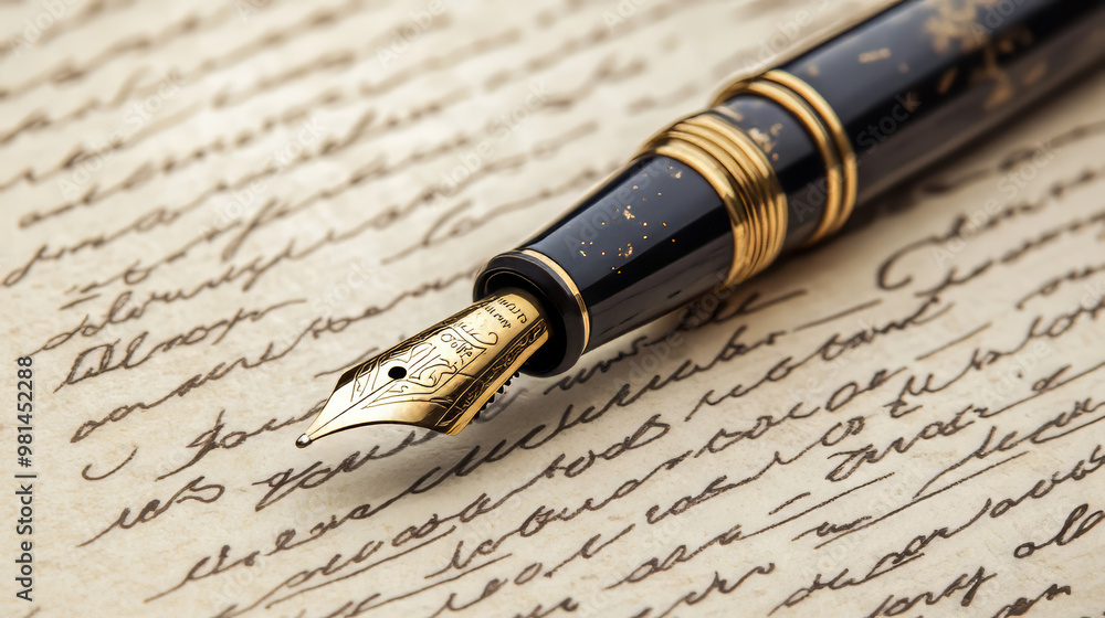 An old-fashioned fountain pen rests on a letter written in elegant ...