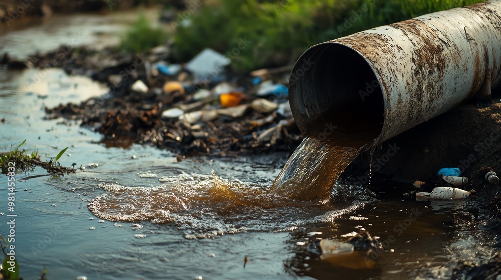 Polluted water flowing from a pipe into a contaminated river ...