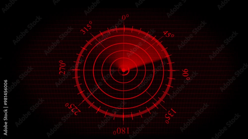 Signal transmitted radar. Glow red grid background with navigation radar. Animation on the ...
