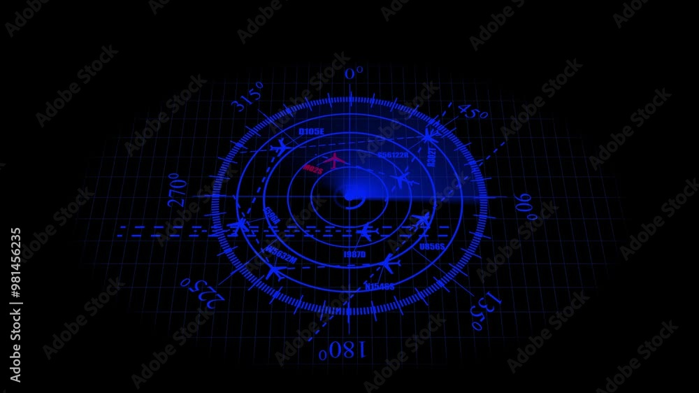 Aircraft signal and guidance radar. Radar animation with blue grid ...