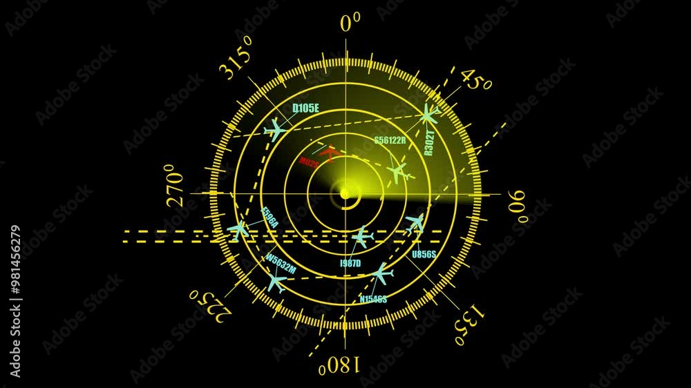 Aircraft signal and guidance radar. Radar animation with black ...