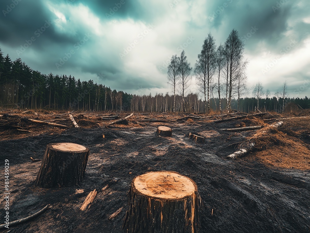 Desolate landscape of a deforested area with tree stumps under a cloudy ...