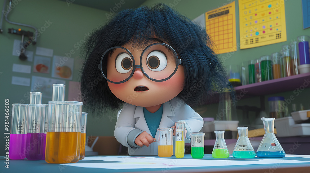 Science Experiment: A curious animated character with black hair and ...