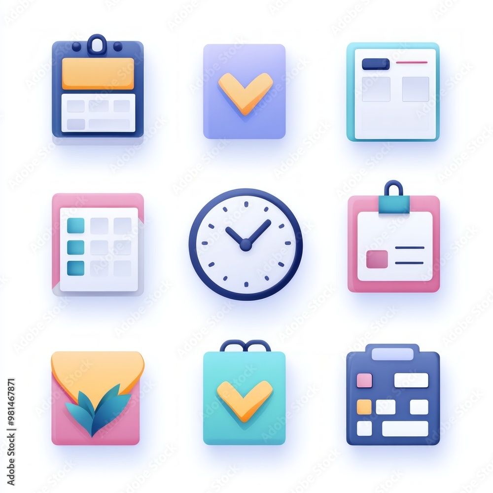 Nine colorful square icons representing various tasks and work elements ...