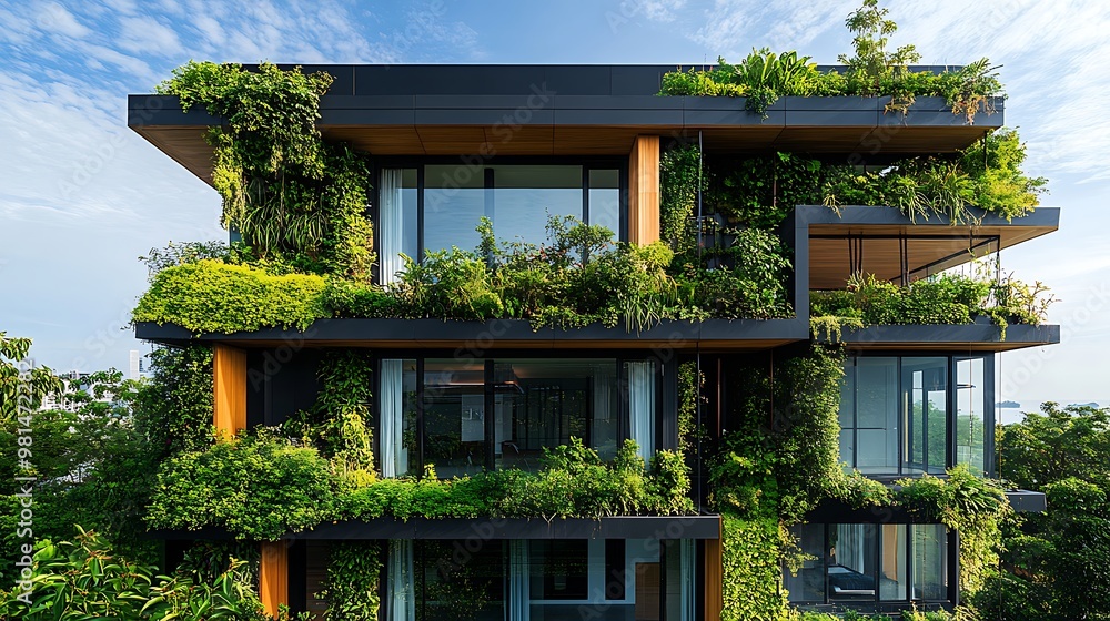 Green building with lush vegetation integrated into its structure ...