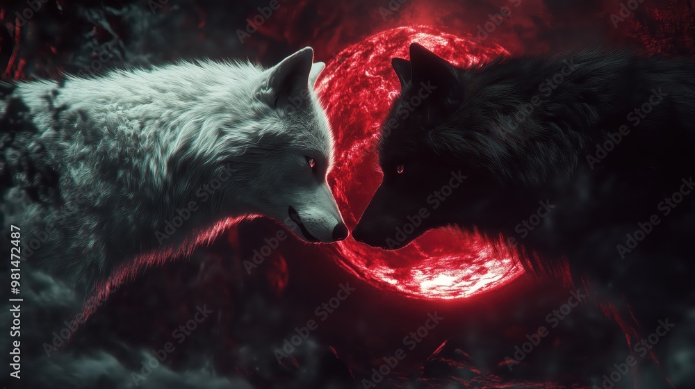 Majestic Black and White Wolves Facing Each Other Under a Red Moon in a ...