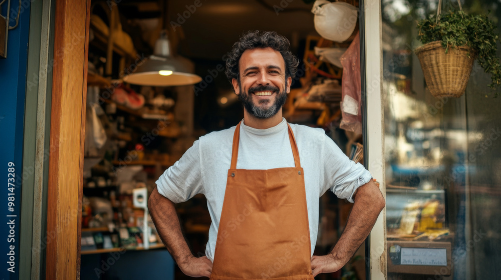 Proud small shopkeeper standing outside their shop, smiling confidently ...
