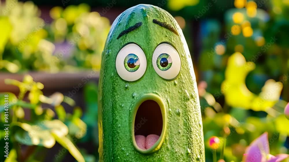 An animated cucumber with a surprised expression stands with a backdrop ...