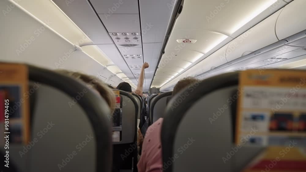 Back View of Airplane Cabin Showing Passenger Stretching. Aircraft ...