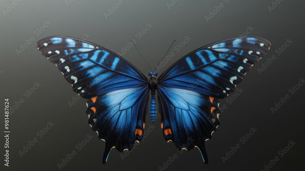 Beautiful blue butterfly in full body close-up portrait, flying with ...