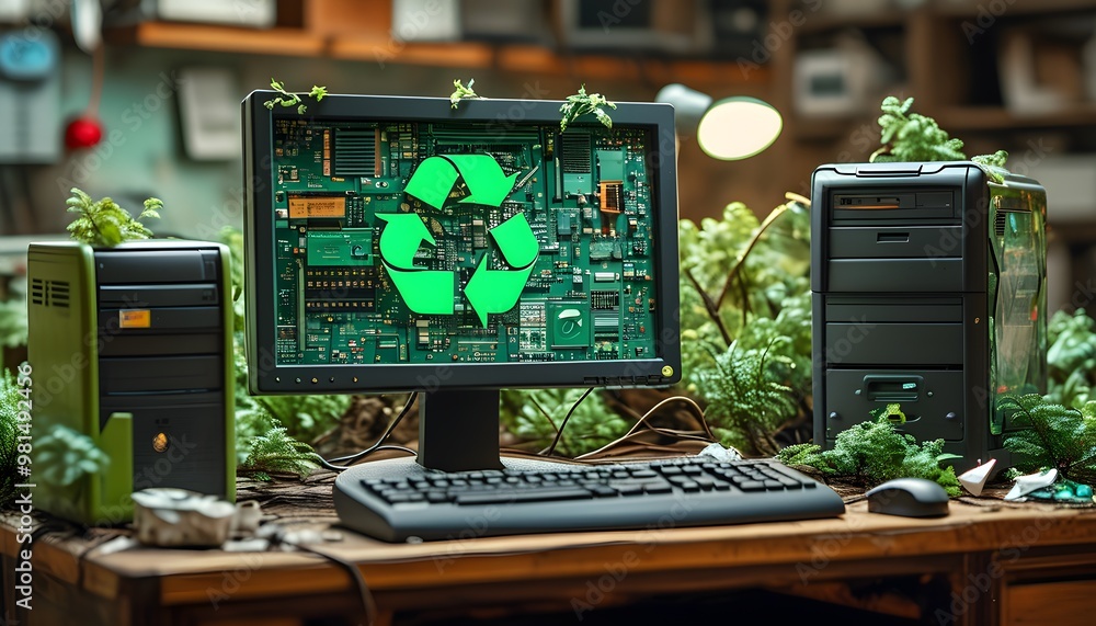 Bright green recycle symbol on a desktop computer highlighting the significance of recycling and ...
