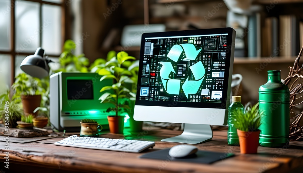Bright green recycle symbol on a desktop computer highlighting the ...