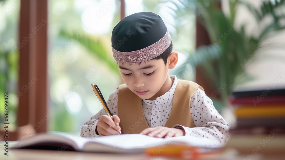 Asian muslim or islamic boy doing homework. Muslim boy learning ...