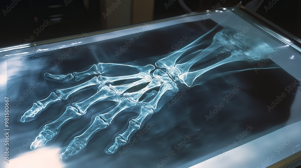An X-ray image of a hand and wrist is displayed on a scanning table in ...