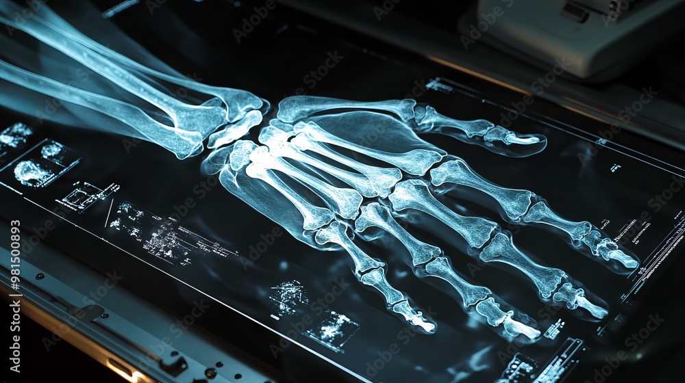 An X-ray image of a hand and wrist is displayed on a scanning table in ...