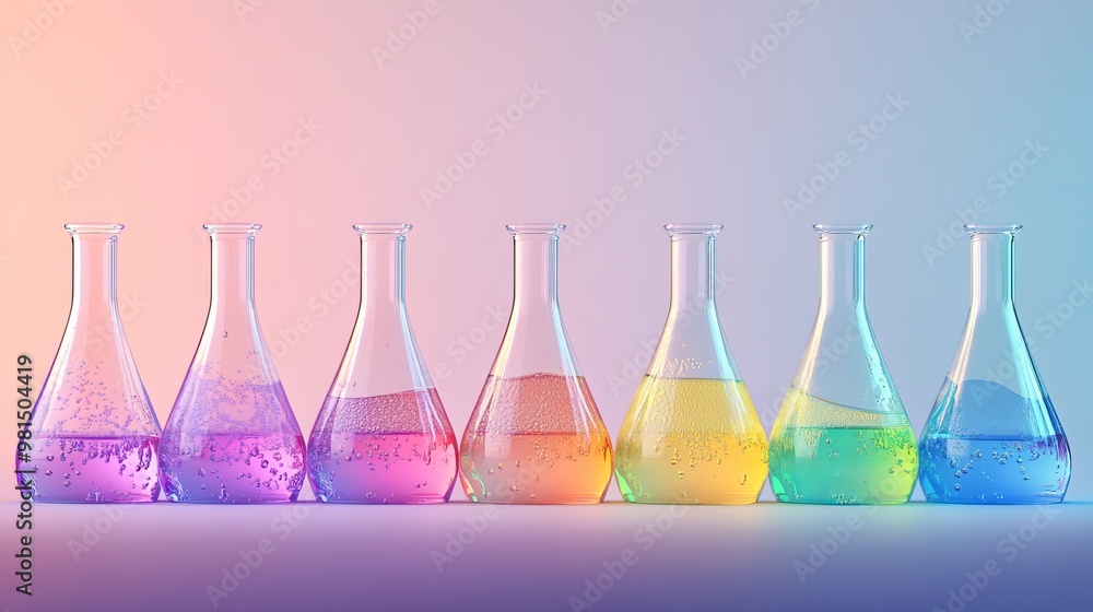 Chemical flasks with water display gradients of warm and cold colors ...