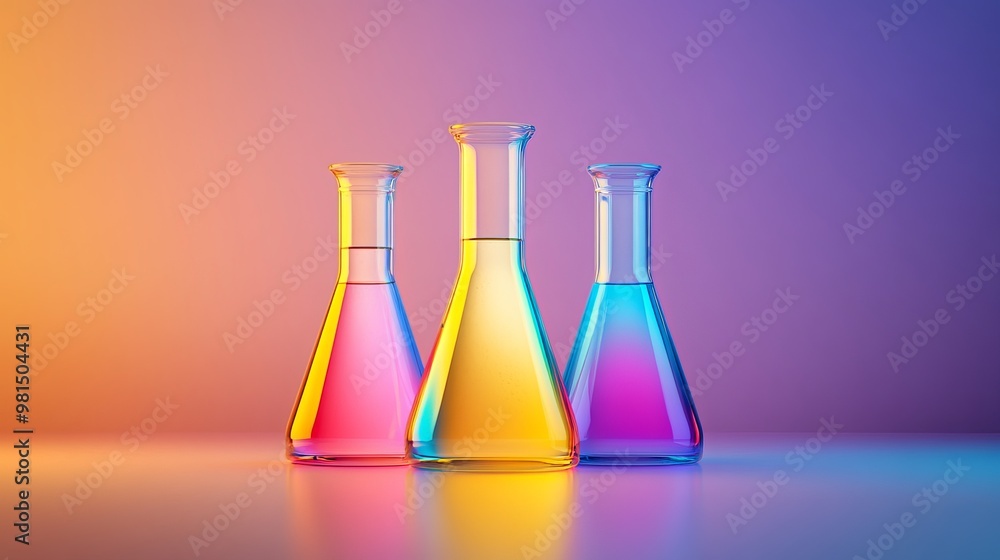 Chemical flasks with water display gradients of warm and cold colors ...