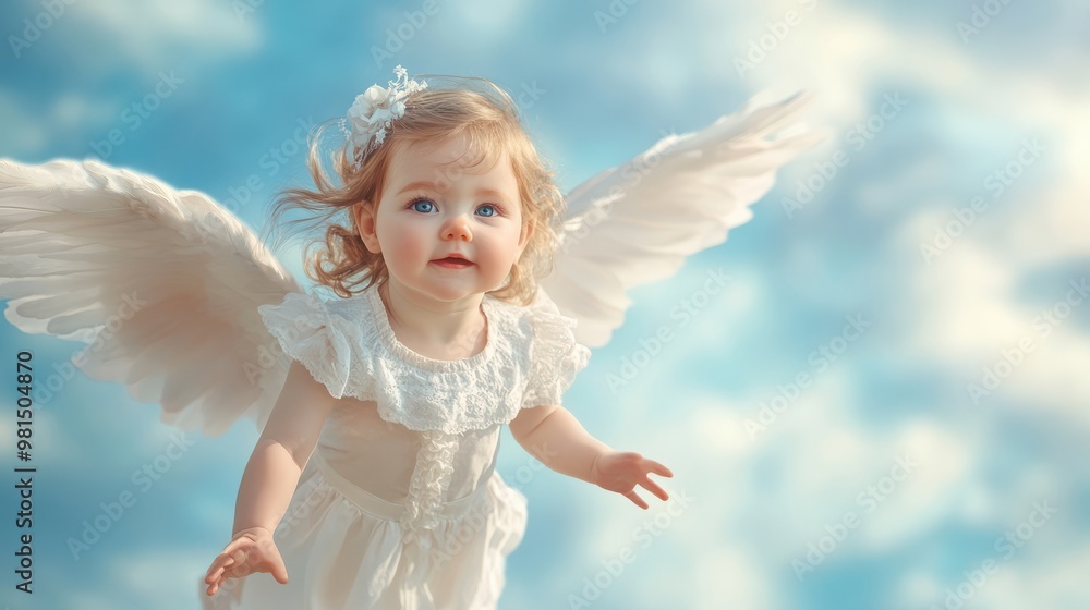 Happy little baby angel flying in sky. Angelic girl with wings. Fairy ...