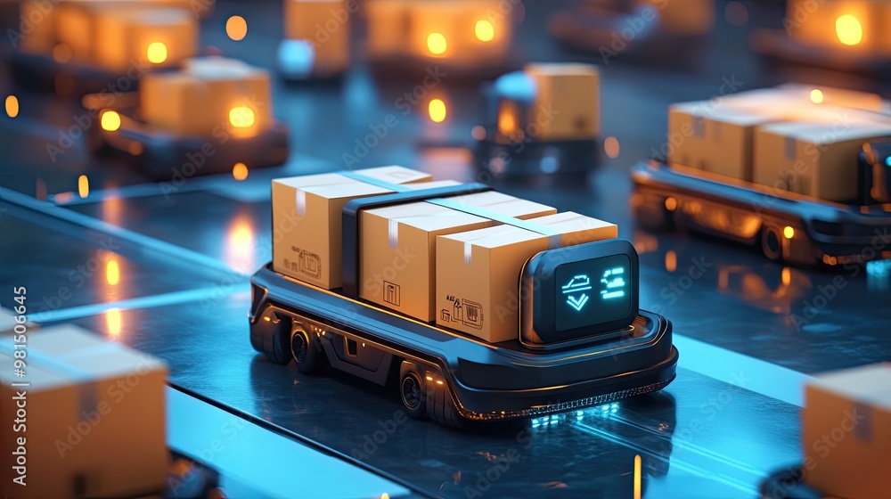 A futuristic distribution logistics center featuring AGV robots ...