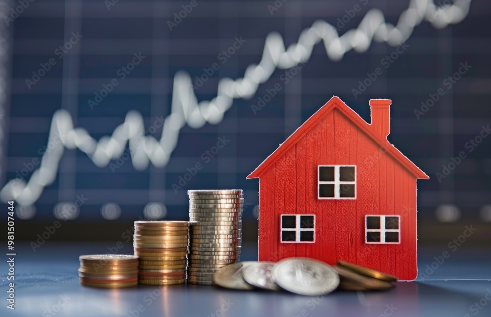 Red home model next to a stack of coins in front of a financial chart ...