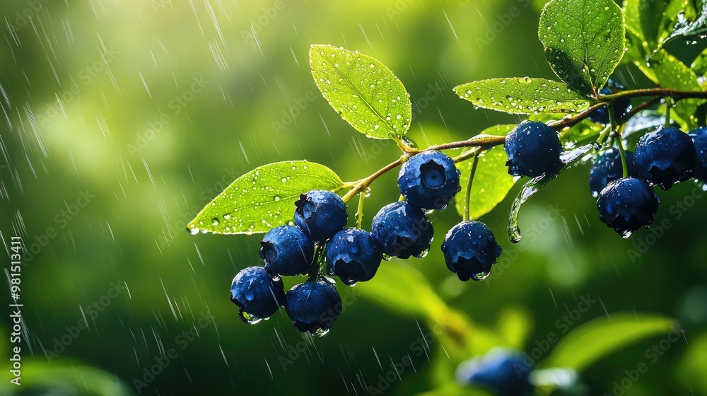 Fresh blueberries drenched in rain, showcasing vibrant colors and ...