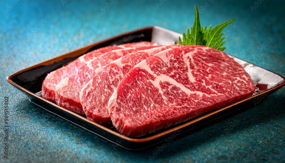 A freshly cut slices of Japanese wagyu on a plate; top grade Japanese ...