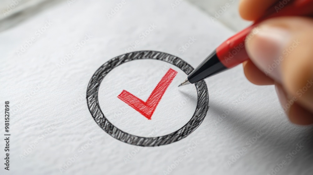 Hand with red pen marking a check mark in a circle on a white sheet of ...