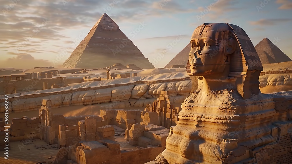 An iconic view of the Great Sphinx and the Pyramids of Giza at sunset ...