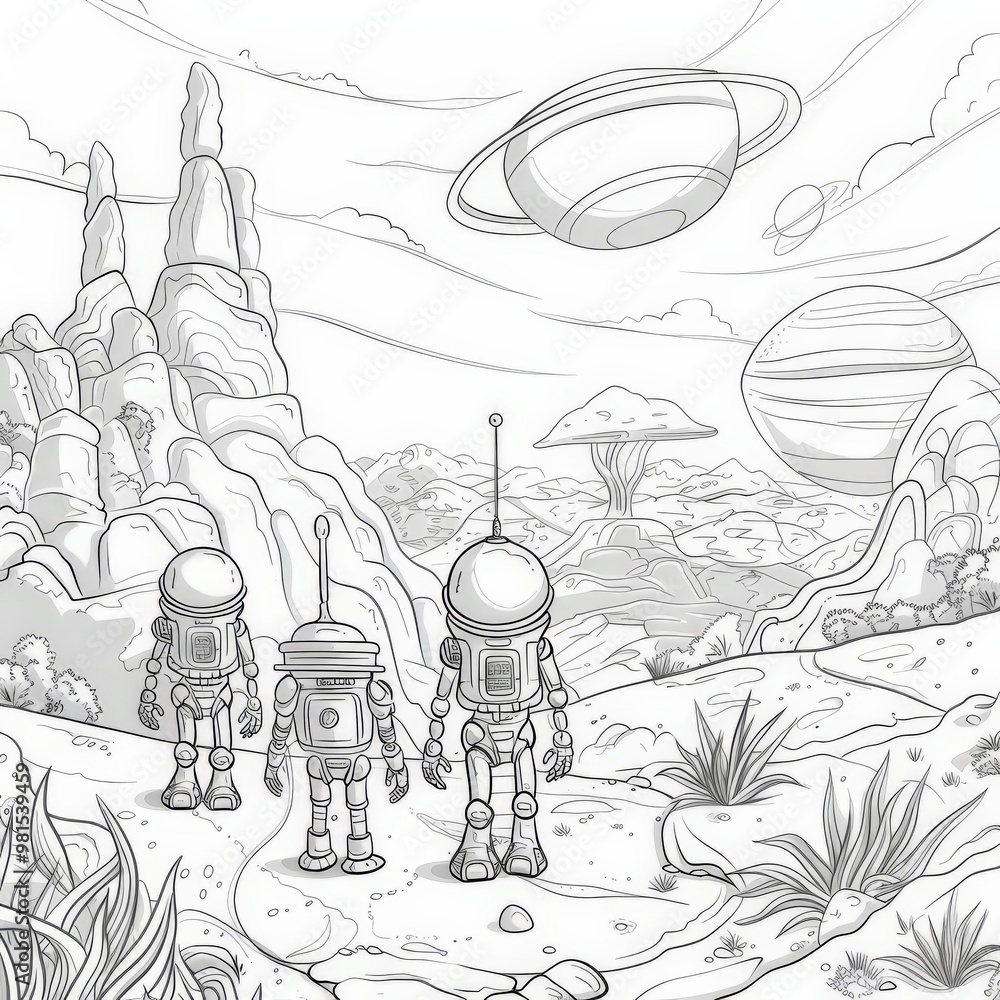 a coloring book page for kids with A group of space robots exploring a ...